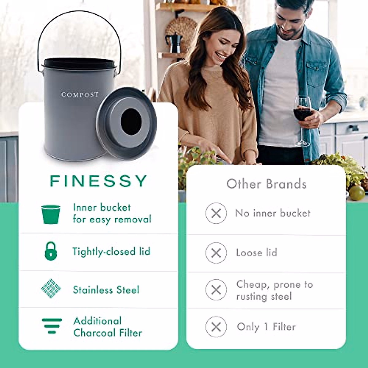 FINESSY Compost Bin Kitchen Compost Bin Countertop Compost Bin for Kitchen, 1 Gallon Compost Bucket for Kitchen Indoor Compost Bin Counter Compost Bin with Lid Food Composter Kitchen Counter Table Top