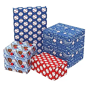 FIEHALA Flat Wrapping Paper Sheets - 12 Sheets with 4 Baseball Patterns - Pre cut & Folded Flat Design (20 inch × 27.5 inch per sheet)