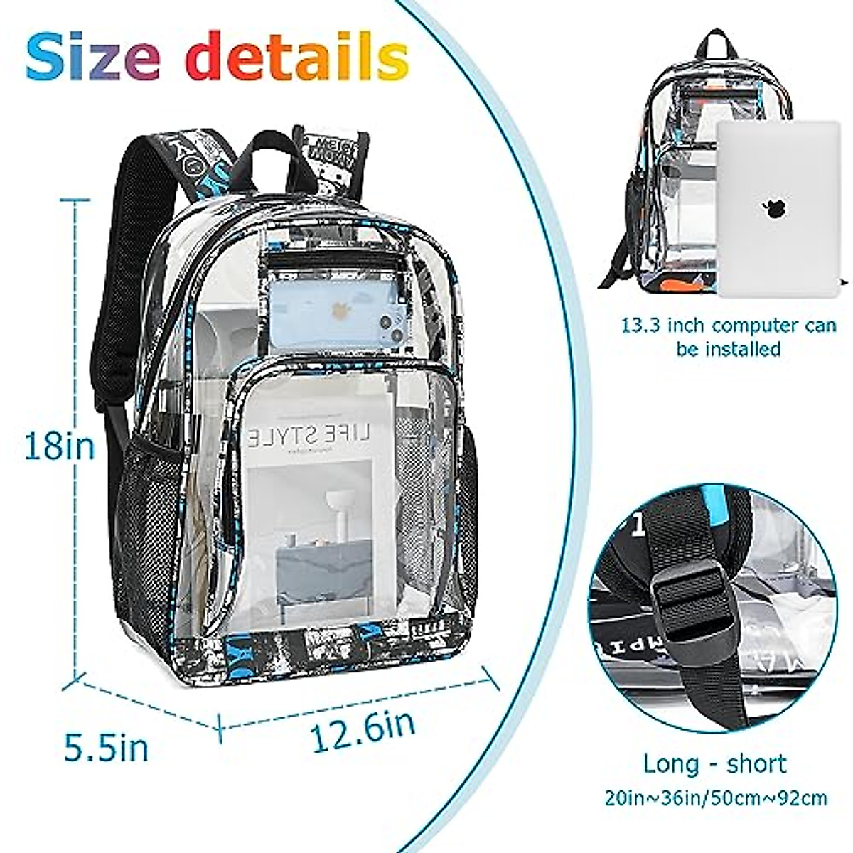 AUOBAG Clear Backpack Heavy Duty Large Transparent Backpacks PVC Clear Book Bag Stadium Approved Complimentary DIY Stickers (White)