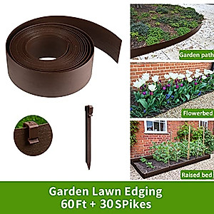 AGTEK 60FT Plastic Landscape Edging Coil Kit 4in. High Terrace Board Garden Edging Border Lawn Edging Roll for Flower Bed Lawn Yard, Black with 30 Spikes,3mm Thin, Brown