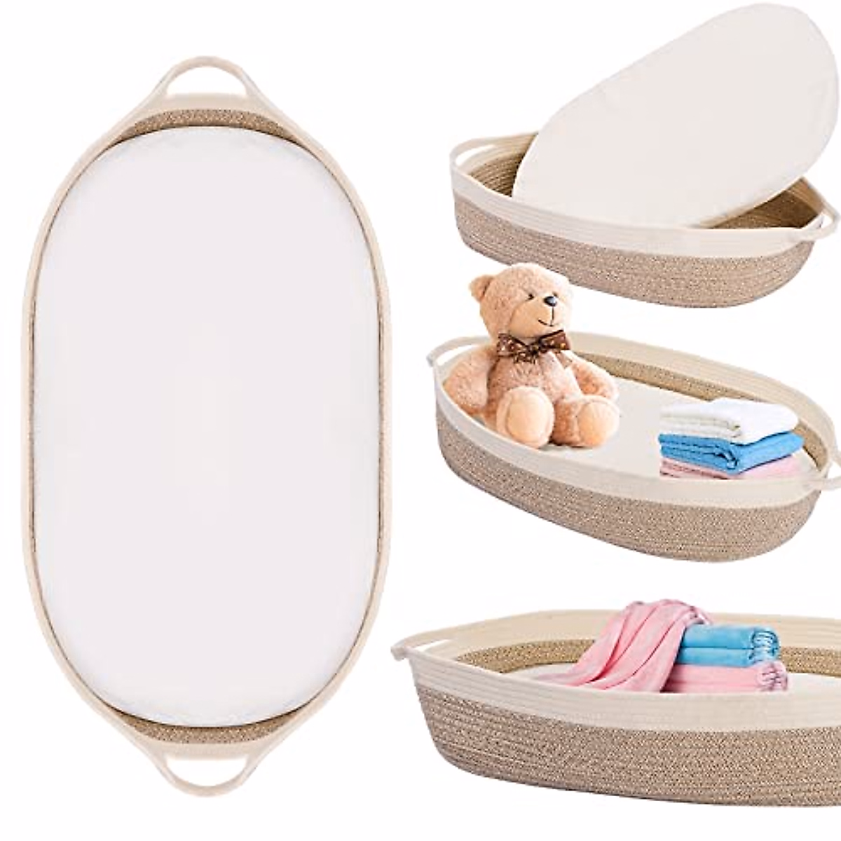 YECELINST Baby Changing Basket, Handmade Woven Cotton Rope Moses Basket for Babies Changing Basket, with Thick Foam Pad and Removable Waterproof Mattress Cotton Pad, Changing Table Topper for Dresser