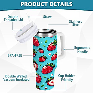 Jihqo Cute Strawberry Red Blue 40 oz Stainless Steel Vacuum Insulated Tumbler with Handle and Straw Lid, Leakproof Water Bottle Double Wall Travel Mug Coffee Cup, Cupholder Friendly