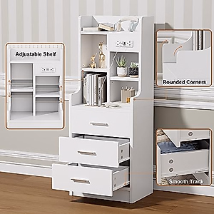 YESHOMY Nightstand with Charging Station and USB Ports, 47" Tall End Table with Adjustable Bookshelf, 3 Drawers with Storage Cabinet for Home Bedroom, Livingroom, White