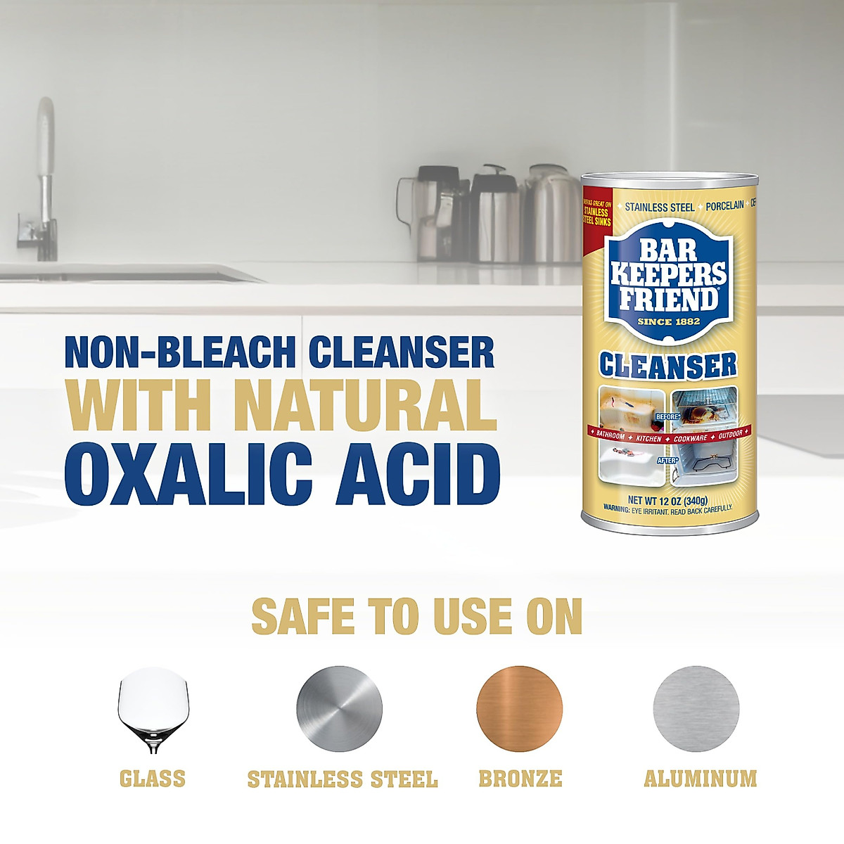 Bar Keepers Friend Powder Cleanser 12 Oz - Multipurpose Cleaner & Stain Remover - Bathroom, Kitchen & Outdoor Use - for Stainless Steel, Aluminum, Brass, Ceramic, Porcelain, Bronze and More (2 Pack)