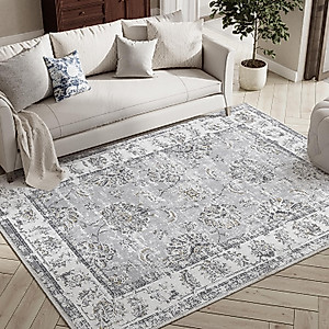jinchan Washable Area Rug 4x6 Low Pile Bedroom Rug Indoor - Grey Floral Print Stain Resistant Boho Carpet Distressed Vintage - Ultra-Thin Non-Slip Rug Accent Rug Living Room Dining Room