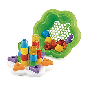 ASO Quercetti Chunky Peggy Stacking Toy - 28-Pieces Including 2 Rattle Pegs, Sturdy Daisy Basket Design with Built-in Storage, for Toddlers and Kids Ages 1 Year and up