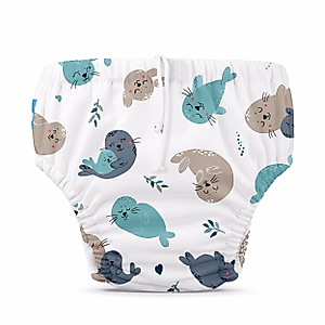 Charlie Banana Reusable Swim Diaper, Washable, Adjustable Drawstring for Baby Girls Boys, Soft and Snug Waterproof Fit to Prevent Leaks - Seally, Size S (12-20 lbs.)
