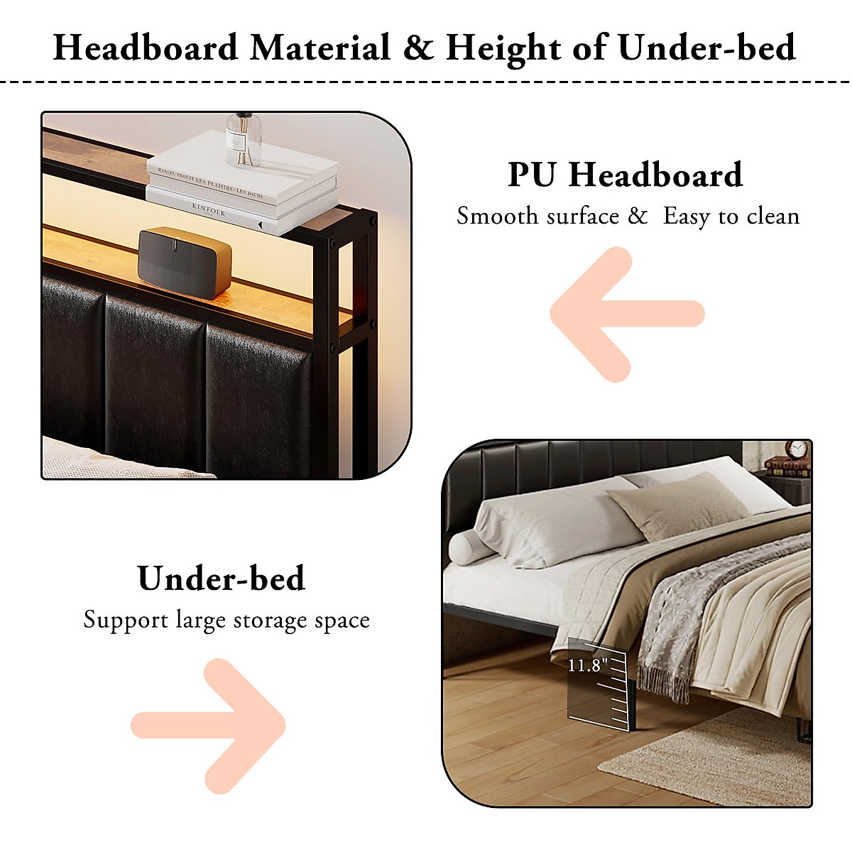 LUXOAK Queen Bed Frame with 2 Storage Drawers, 2-Tier Storage PU Headboard with Charging Station& LED Lights, Metal Platform Bed/No Box Spring Needed/Noise Free/Black