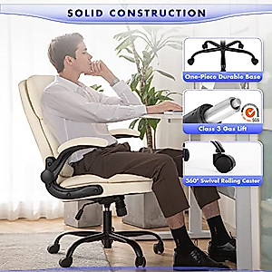 COLAMY Office Chair High Back Executive Computer Chair-Ergonomic Home Office Chair with Padded Flip-up Arms, Adjustable Height and Tilt Lock, Swivel Task Chair with Thick Leather for Comfort, Ivory