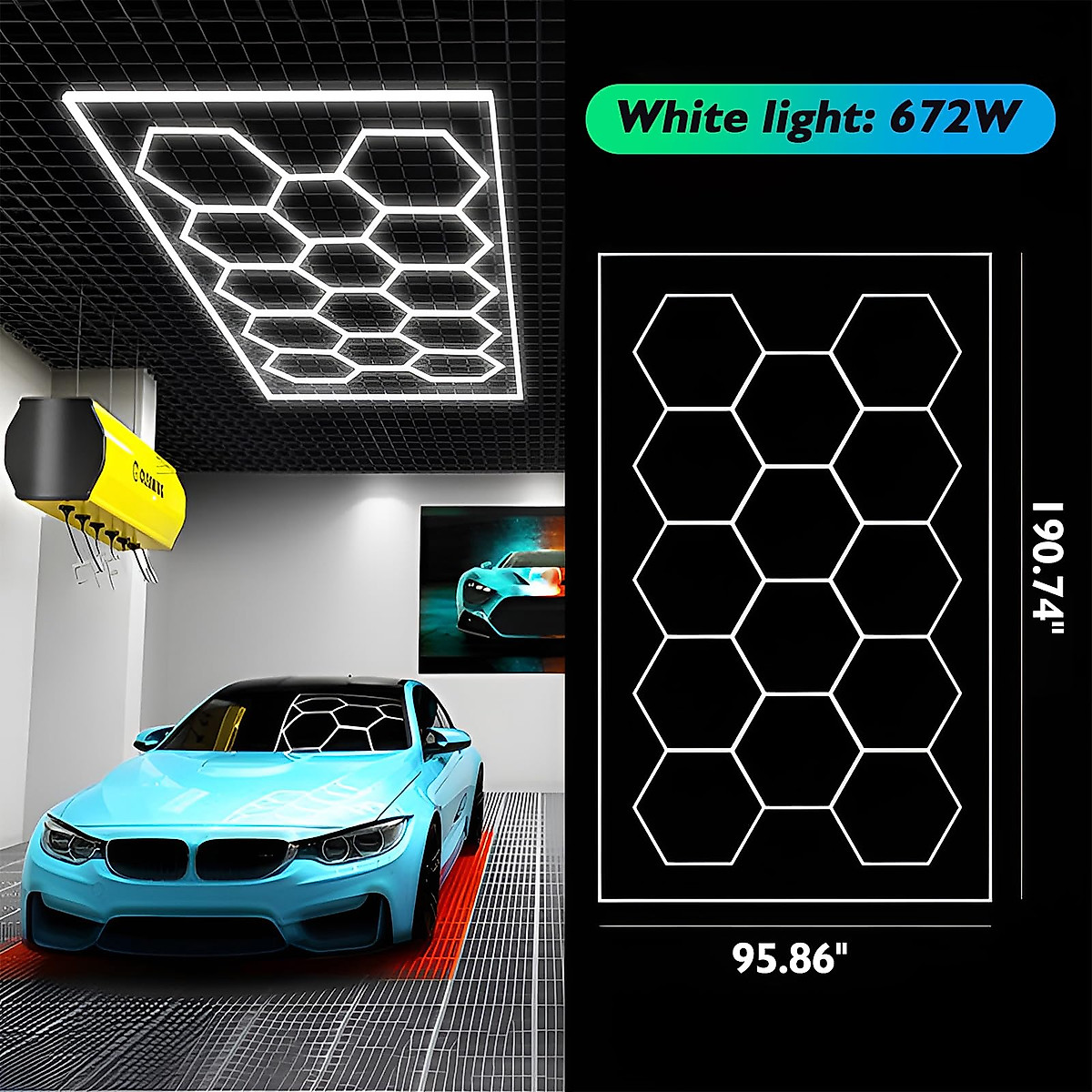 Ofenrd Large Hexagon Garage Lights 14 Hex Led Lights with Rectangle Frame Octagon Honeycomb Commercial Lighting for Garage Car Detailing Barber Shop Gym Warehouses Basement.