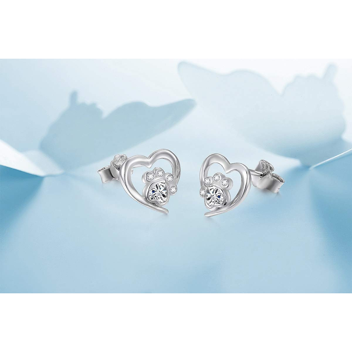 Heart Paw Jewelry 925 Sterling Silver Cute Heart CZ Cat Puppy Dog Paw Print Stud Earrings for Women Friends Birthday Jewelry (Nickel Free)