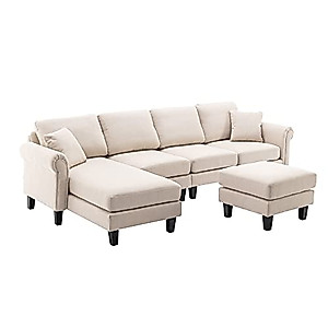 HomSof U-Shape Sectional Sofa Set for Living Room, Mid Century Modern Couch with Chaise and Ottoman, Beige