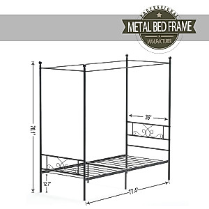 Weehom Twin Canopy Bed Frame with Headboard and Footboard, 4 Posters Metal Bed Frame, No Box Spring Needed, Mattress Foundation Platform Bed for Kids and Adults, Black