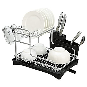IKAYAA 2-Tier Dish Drying Rack, Dish Rack and Drainboard Set with Swivel Spout, with Cup Holder, Premium Aluminum, for Small Kitchen Countertop, Black Tray + Silver Frame