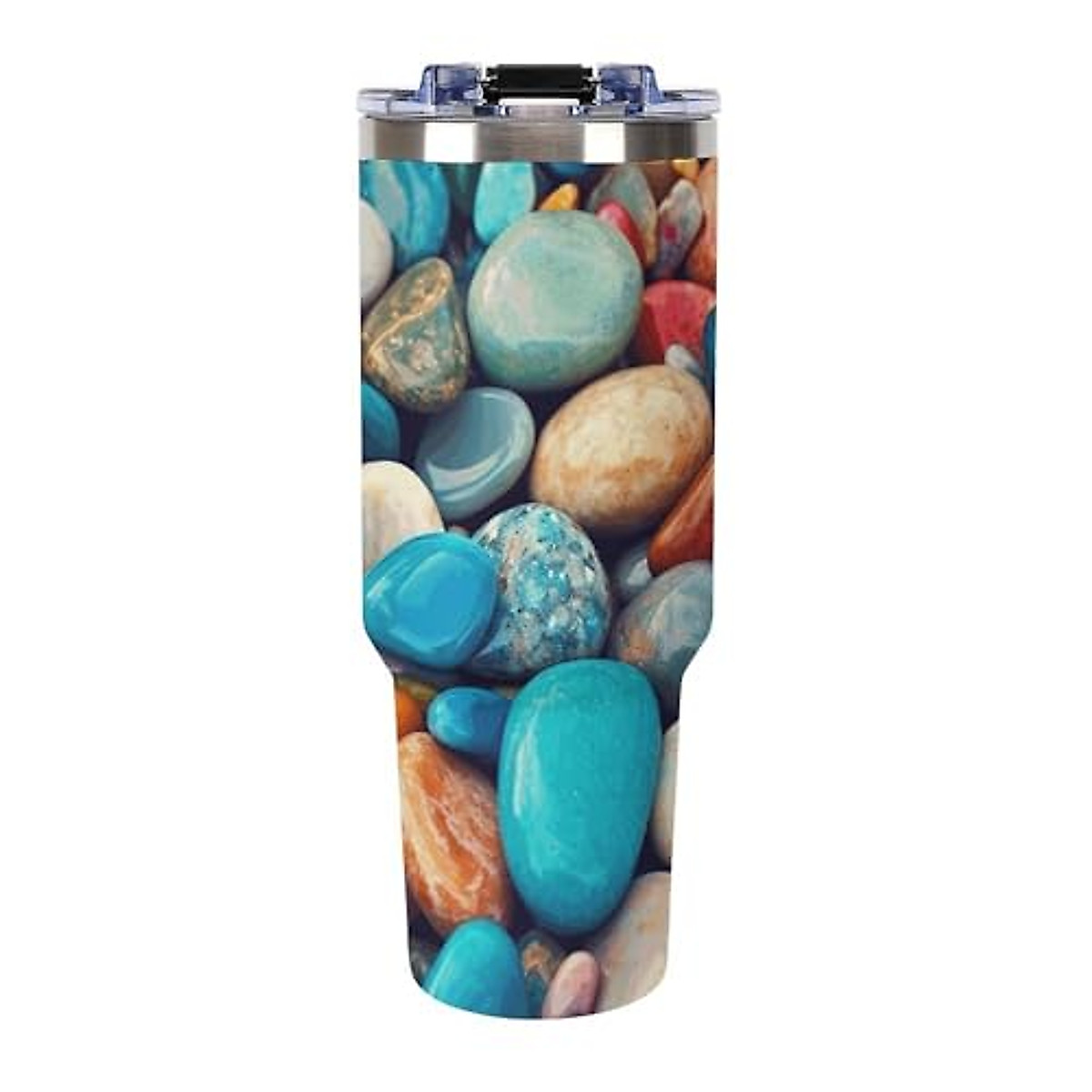 LLUTSNTH 40 Oz Vacuum Tumbler with Black Handle Leakproof Insulated Tumbler Colored Stones Stainless Steel Travel Mug with Lid And Straw Coffee Cup Cute Water Bottles Cup Holder Friendly