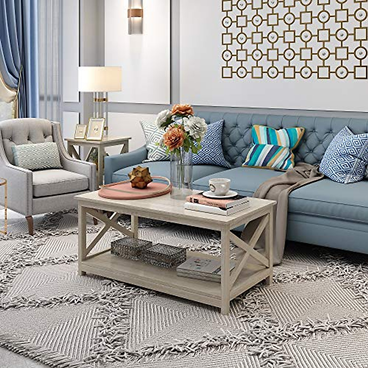 Rainbow Sophia Coffee Table, Modern Farmhouse Wood Coffee Table with 2-Tier Storage, 40 Inch, White Oak