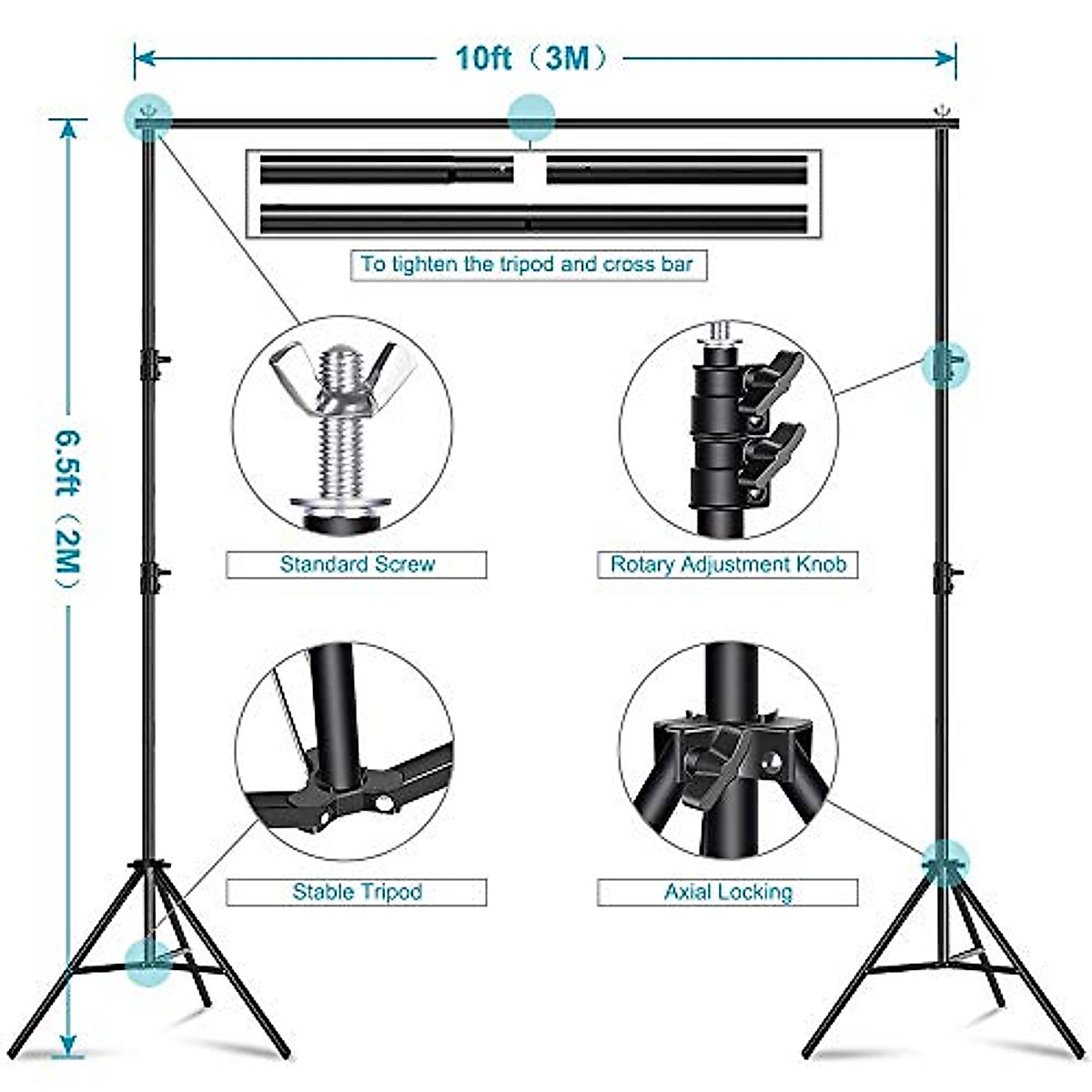 MsMk Photo Video Studio Backdrop Stand with 8 Spring & 4 Clips, 6.5ft x 10ft Adjustable Muslin Background Support System Kit with Sand Bag, Carry Bag for Photography Studio