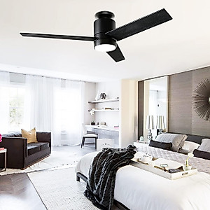 Flybull Ceiling Fans with Lights Flush Mount, 52 Inch Modern Black Ceiling Fan with Light and Remote Control - 3 Wood Blades LED Ceiling Fan Low Profile Ceiling Fan Light