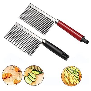 2 Pcs Potato Crinkle Cut knife, Stainless Steel Wavy Slicer, Decorative Knife for Fruits and Vegetables, Home Kitchen Wavy Blade Cutting Tool. For Carrot,Cheese,Potatoes Decoration Gadget (Black+Red)