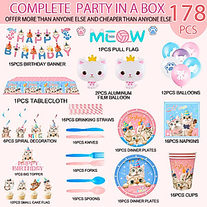 Cat Birthday Party Supplies,178pcs Cat Party Decorations&Tableware Set-Kitten Birthday Party Decorations Balloons Banner&Cat Party Plates Cups Napkins Tablecloth etc Cat Themed Birthday Party Supplies