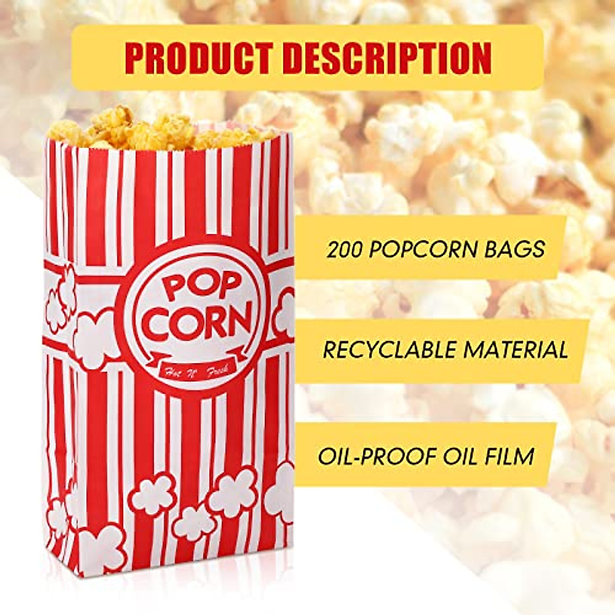 Movie Night Paper Popcorn Bags 2 oz Flat Bottom Popcorn Boxes Red and White Popcorn Container Disposable Popcorn Sleeve Large Popcorn Bucket for Retro Movie Themed Party Carnival Supplies(200 Pieces)