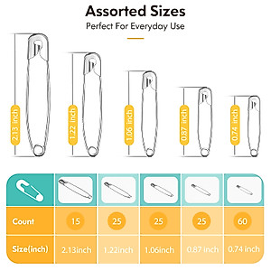 Huhuhero Safety Pins Assorted, 5 Different Sizes Small and Large Safety Pins, Safety Pins for Clothes Halloween Costume Pins Sewing, Nickel Plated Steel Pin Bulk, Arts and Crafts Supplies (Sliver)