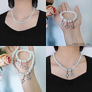JSEA 8mm Faux Pearl Necklace Elastic Bracelet Jewelry Set Beige White Pink Fake Pearl Jewelry