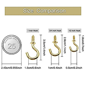 LANSEYQO Mini Ceiling Screw Hooks, 50 Pcs (1/2 inch) Hanging Cup Hooks Brass Plated Screw-in Hooks for Hanging Plants Mug Arts Decorations, Gold