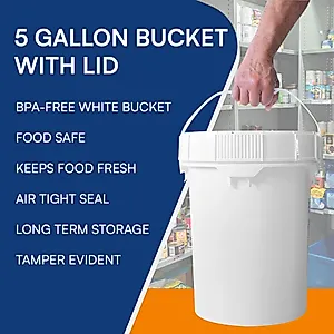 Food Grade 5 Gallon Bucket With Lid - 2 Pack - Includes Airtight Locking Screw On Lids - Pair of White 5 Gal Food Safe Buckets with Lids Perfect for Food Storage and Brining