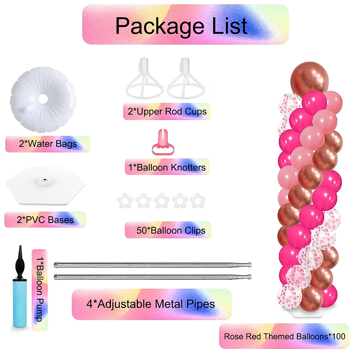 2 Sets Balloon Column Stand Kit with 100 Balloons 6 Ft Adjustable Balloon Stands Kit for Floor Metallic Rose Red Balloon Arch Column for Wedding Bridal Shower Valentine's Day Decorations