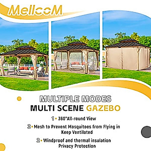 MELLCOM 13' x 15' Asphalt Hardtop Gazebo, Spruce Wood Double Roof Gazebo with Curtains and Meshes, Canopy Gazebo with Waterproof Coated Wood Frame for Patios, Gardens, Lawns, and Backyards