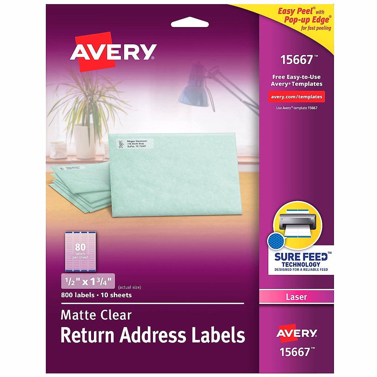 Avery Printable Return Address Labels with Sure Feed, 0.5" x 1.75", Matte Clear, 800 Blank Mailing Labels (15667)