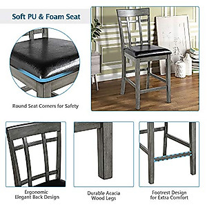 Merax 5-Piece Wooden Dining Set, Counter Height Dining Table Set with 4 Chairs and Footrest, Dining Table and Chair Set for Dining Room, Pub and Bistro, Antique Graywash