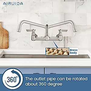 Airuida Brushed Nickel Wall Mount Commercial Kitchen Faucet Wall Mounted Kitchen Sink Faucet 8 Inches Center 8 Inches Swivel Spout Utility Sink Faucets 2 Handle Restaurant Laundry Tap