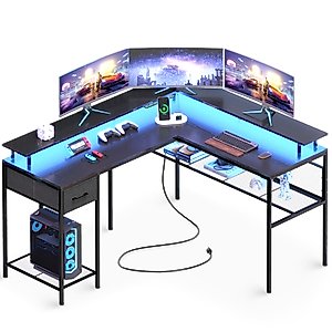 Huuger L Shaped Desk Gaming Desk with LED Lights & Power Outlets, Computer Desk with Storage Shelves, Corner Desk Home Office Desk, Black