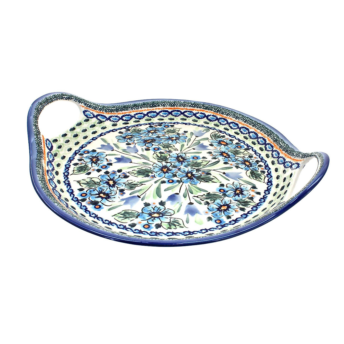 Blue Rose Polish Pottery Blue Tulip Round Serving Tray with Handles