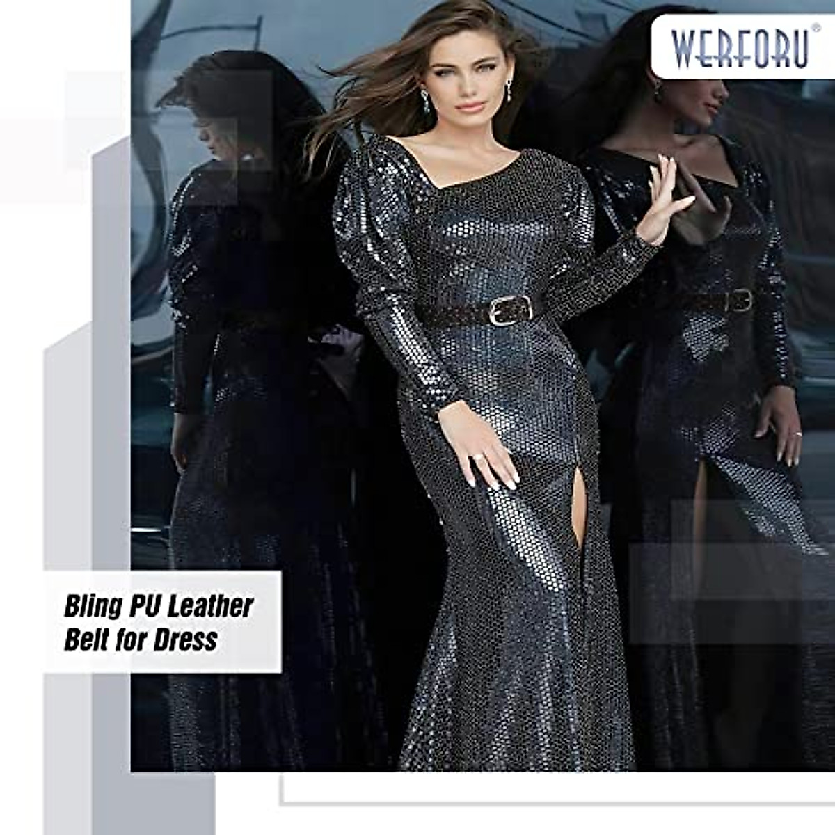 WERFORU Women Shiny Bling Sequins PU Leather Waist Belt for Jeans Dress with Silver Pin Buckle, Black, Fit Waist Size 43-47 Inches-