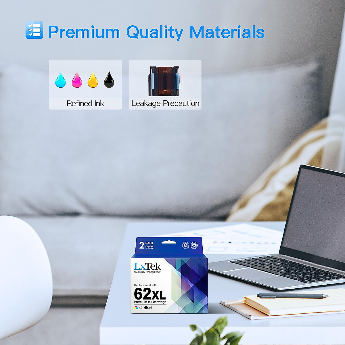 LxTek Ink Cartridge Replacement for HP 62XL 62 XL to Compatible with Envy 5540 5660 7645 5642 5542 5643 5640 7644 OfficeJet 250 5740 200 5745 Printer (1 Black,1 Tri-Color, 2 Pack)