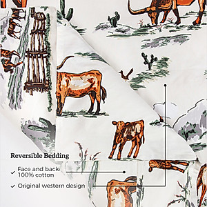 Paseo Road by HiEnd Accents Ranch Life Western Bedding 3 Piece Queen Duvet Cover Set, Cotton Cowboy Longhorn Horse Print Western Bed Set, Rustic Southwestern Comforter Cover Set with Pillow Shams