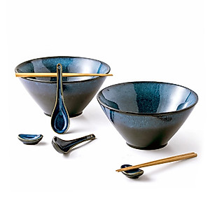 Large Salad Soup Ramen Serving Bowls, 71 OZ Ceramic Japanese Ramen Noodle Bowl with Chopsticks, Spoons and Rests - Super Big Bowl Sets for Udon, Pho, Pasta, Cereal, Set of 2 - Reactive Blue