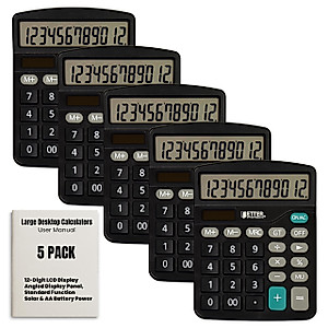 Large Desktop Calculators, 5 Pack, 12-Digit LCD Display, Angled Display Panel, by Better Office Products, Standard Function, Black, Dual Power with Included AA Battery Power, 5 Pack