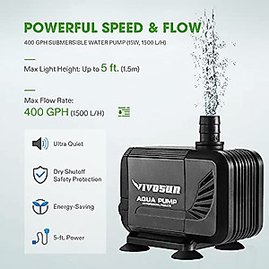 VIVOSUN 400GPH Submersible Pump(1500L/H, 15W), Ultra Quiet Water Pump with 5.3ft High Lift, Fountain Pump with 5ft Power Cord, 2 Nozzles for Fish Tank, Pond, Aquarium, Statuary, Hydroponics