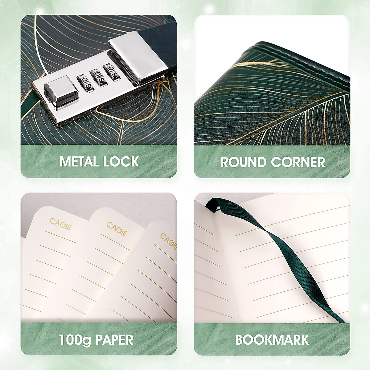 CAGIE Journal with Lock Combination Digital 224 Pages Lockable Secrets Diary, Printed Leaves Design Locking Journal for Adults, 5.1 x 7.4 Inch, Green