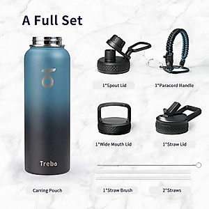 Trebo Water Bottle 40oz with Paracord Handle,Vacuum Double Wall Stainless Steel Insulated Water Jug with Straw Spout Handle Lids, Large Sports Flask Keep Cold & Hot, Ombre: Indigo/Black