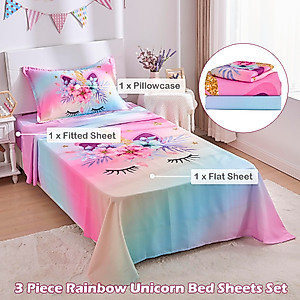 VIVILINEN Twin Size Sheet Set 3 Piece Rainbow Unicorn Kids Bed Sheets Set for Girls Kids Bedding Sheets Toddler Twin Bedding Set Include Flat Sheet, Deep Pocket Fitted Sheet and Pillowcase