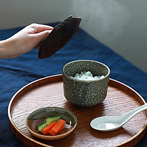 Asayu Japan Ceramic Teal Rice Bowl with Wooden Lid and White Spoon Set, Individual Pottery Bowl Set for Rice, Noodle, Cereal, Porridge, Soba, Ramen, Donburi, Soup