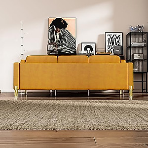 Goohome 94.88" Large PU Faux Leather Sofa, Mid-Century Modern Comfort Breathable Upholstered 3-Seater Sofá with Gold Metal feet and Removable Cushions, for Living Room Furniture Apartment, E-Brown a
