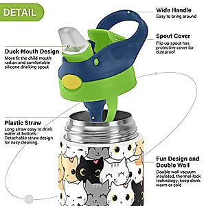MCHIVER Cute Cat Kitten Cartoon Kids Water Bottle with Straw Insulated Stainless Steel Kids Water Bottle Thermos for School Girls Boys Reusable Tumbler 12 oz / 350 ml Green Top