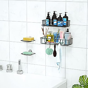 Shower Caddy Basket Shower Storage Organizer Shelves Stainless Steel, Bathroom Organizer Space Saver Wall Mounted, No Drilling No Marking Sticker Toilet Kitchen Multipurpose Storage Shelf with 5 Hooks