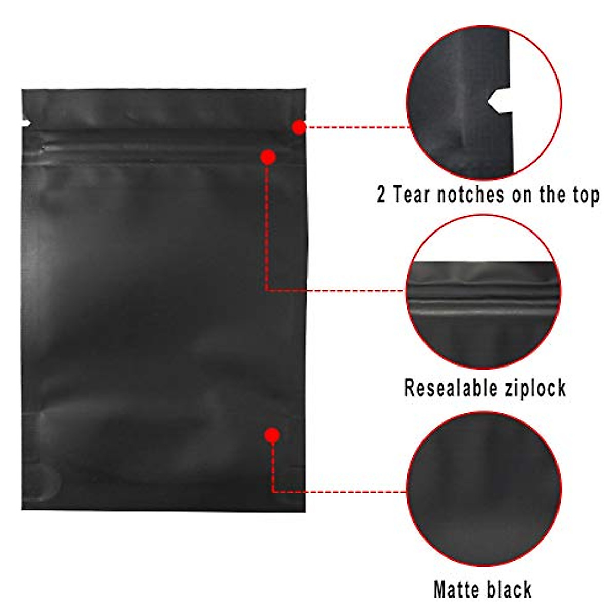 STUs 100 Pack Smell Proof Bags - 3.1 x 5.1 Inch Resealable Stand-Up Mylar Bags Foil Pouch Double-Sided Pouch Matte Black